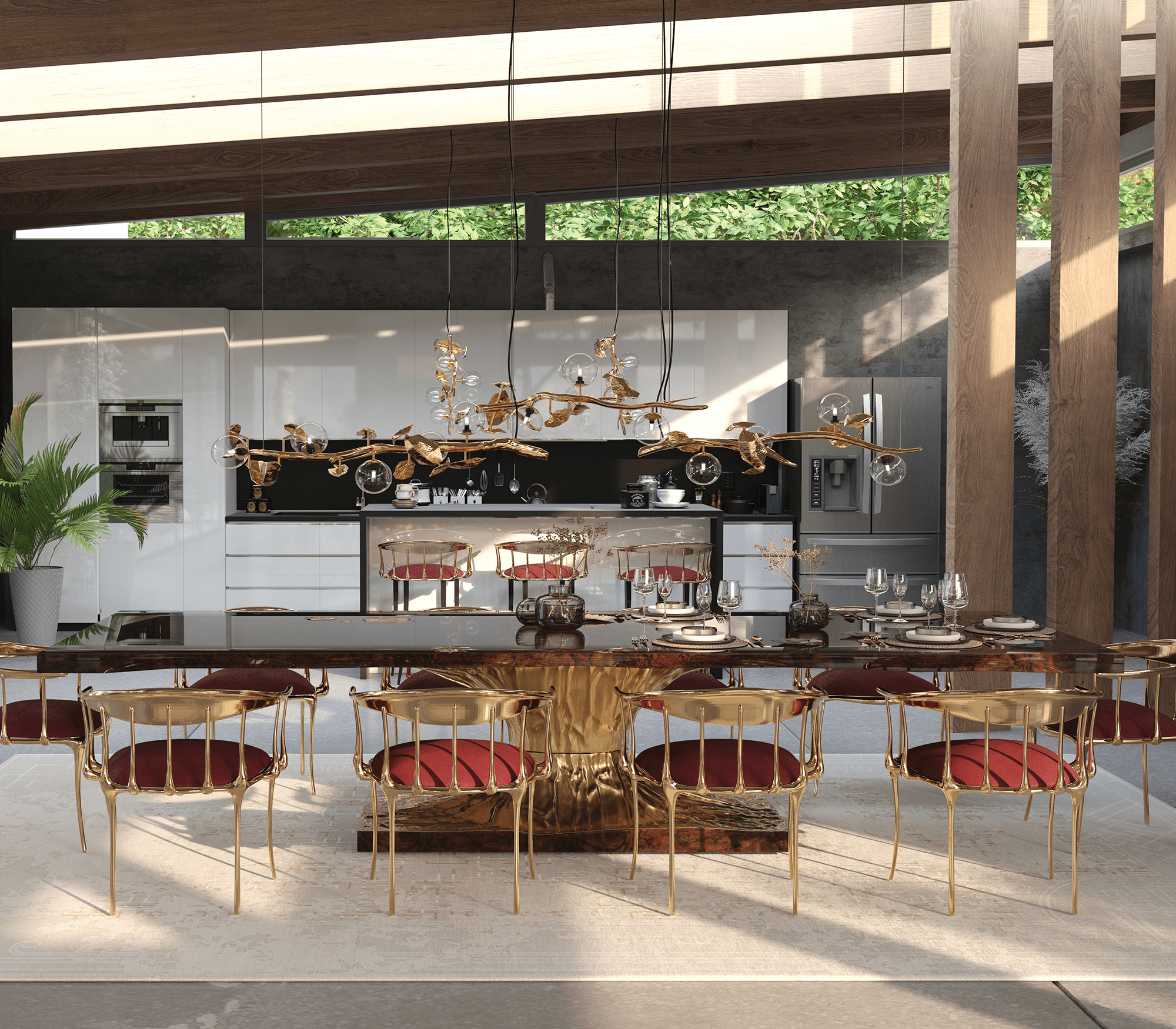 Antoinette Gold Core Luxury Dining Table - Walnut Root Veneer | Touched Interiors