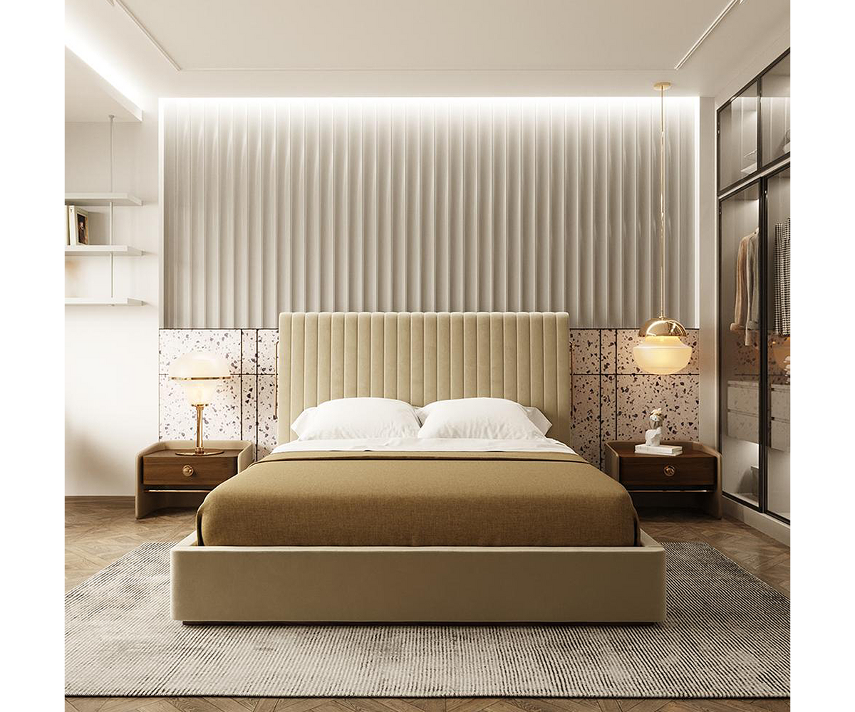 Empathy Suite Bed Luxury Custom Walnut and Brass Upholstered Touched Interiors