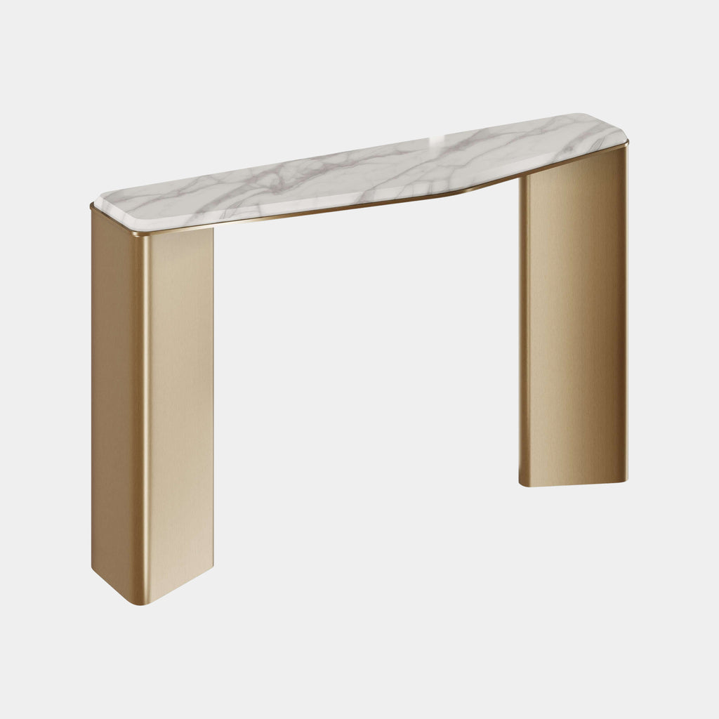 The Private Label Mirus Console Table: Aged Brass & Carrara Marble | Touched Interiors